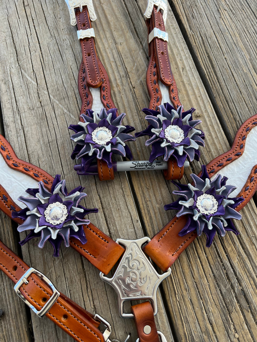 White Gator Tack set with Purple Buckstitch & Flowers – Melissa’s ...