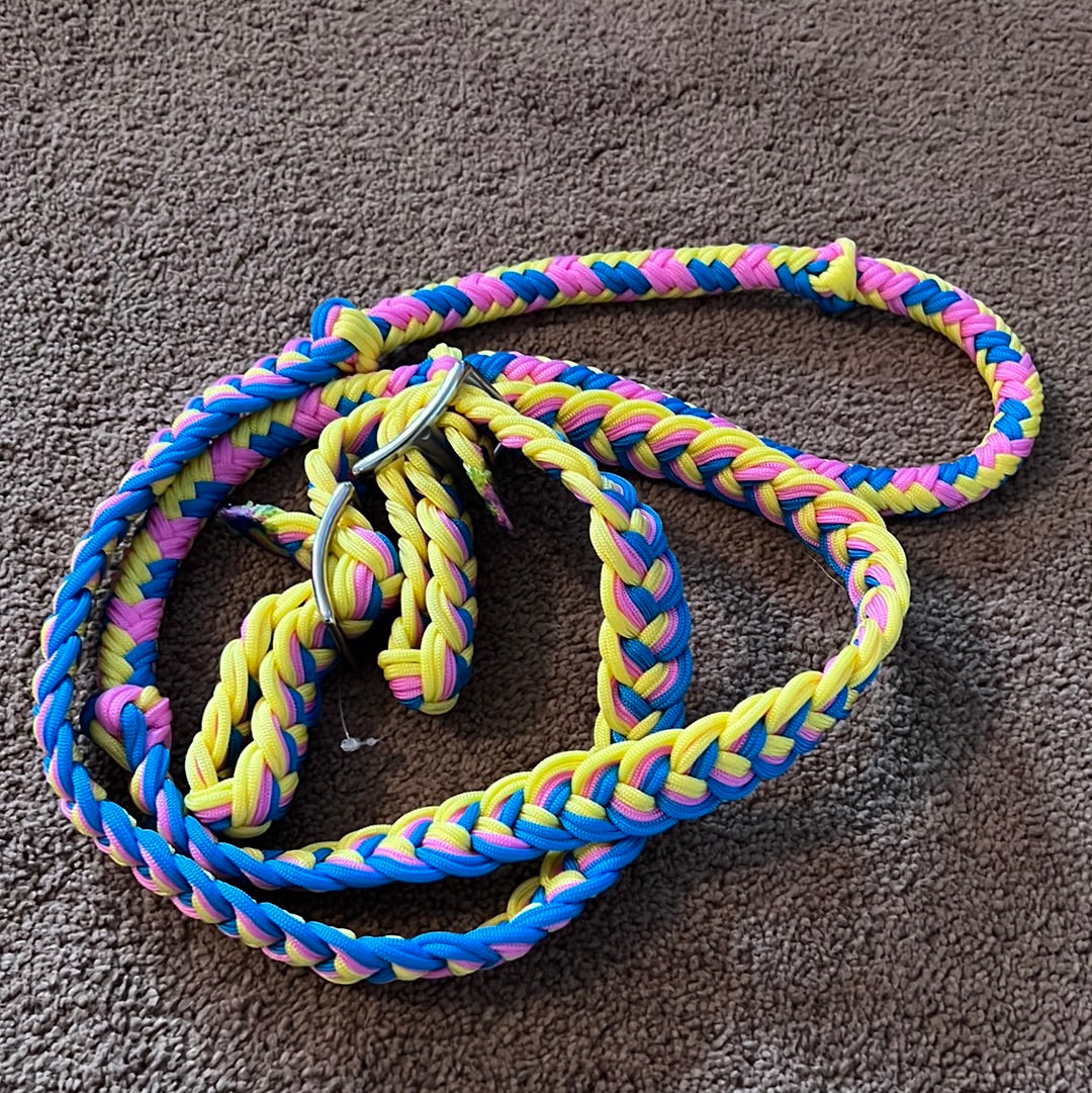 Pink/Blue/Yellow Barrel Reins – Melissa’s Custom Conchos